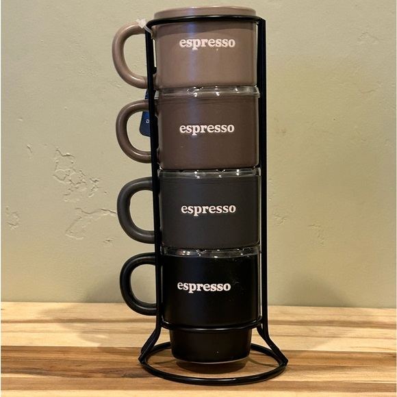 Dining | Set Of 4 Stoneware Stacking Espresso Mugs With Metal Stand ...